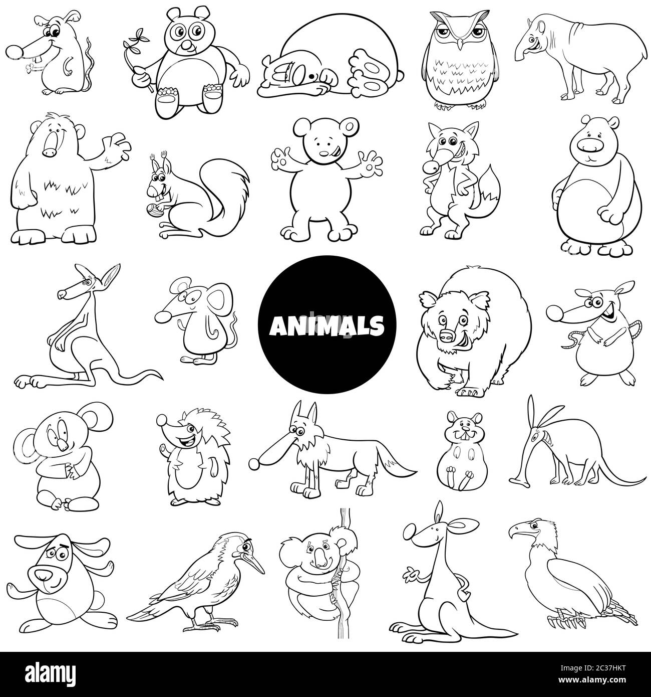 comic animal characters large set color book page Stock Photo - Alamy