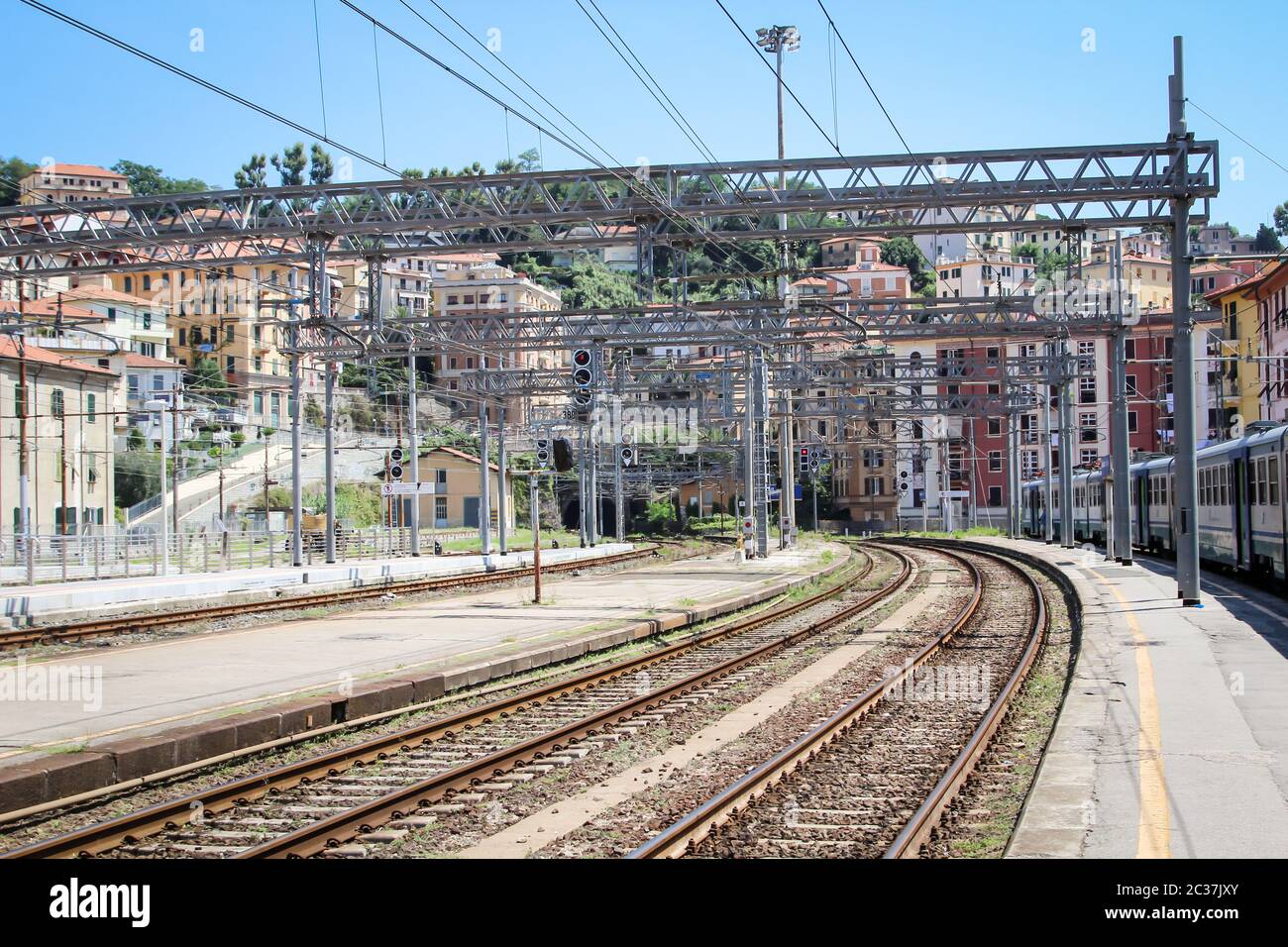 View of a railway track, rails, overhead lines Stock Photo - Alamy