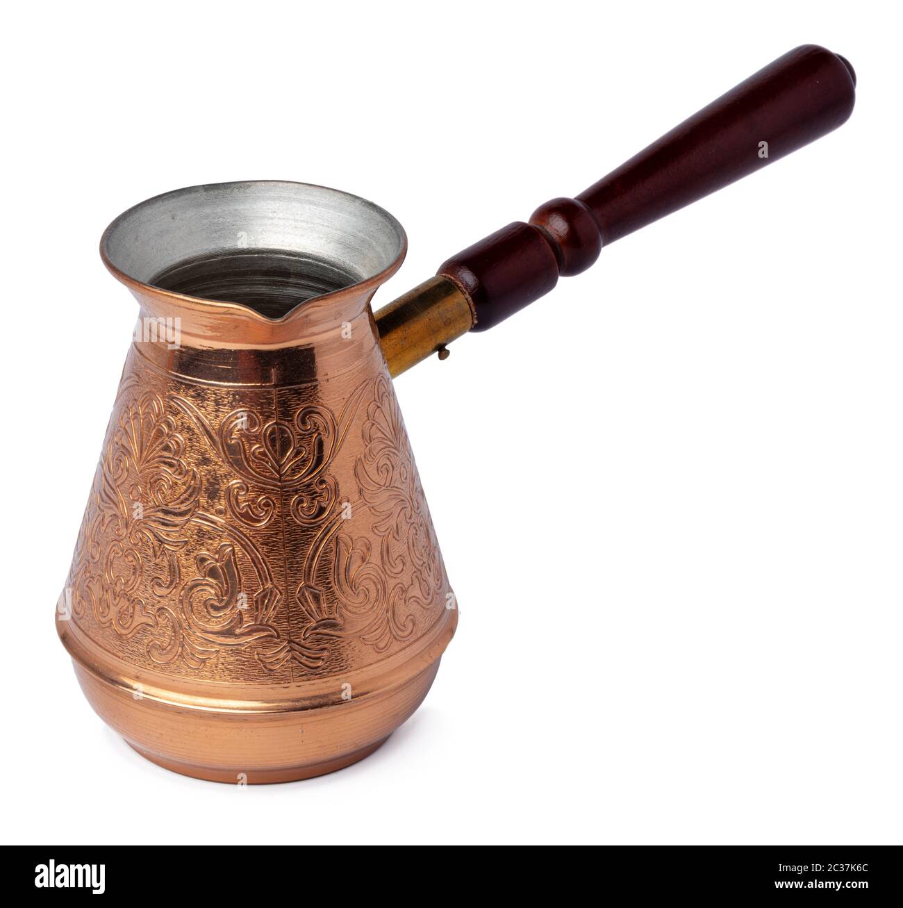 Copper turk with handle isolated on white Stock Photo - Alamy