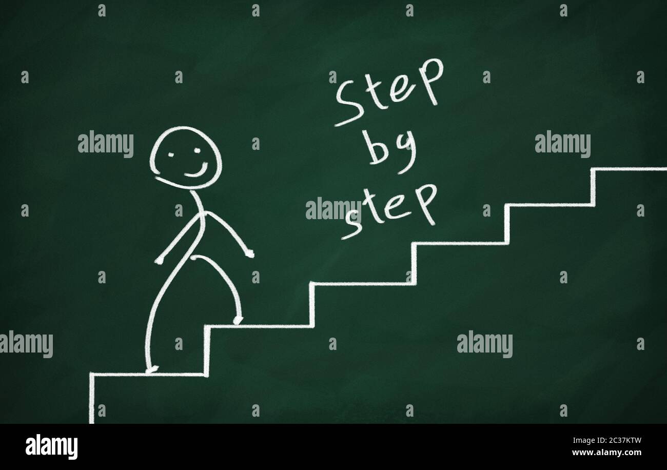 On the blackboard draw character and write Step by step Stock Photo - Alamy