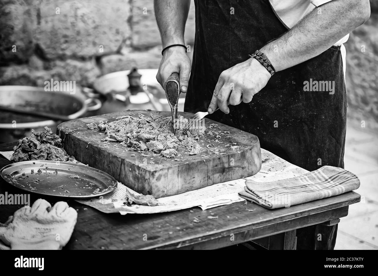 Cutting cooked meat detail Black and White Stock Photos & Images - Alamy