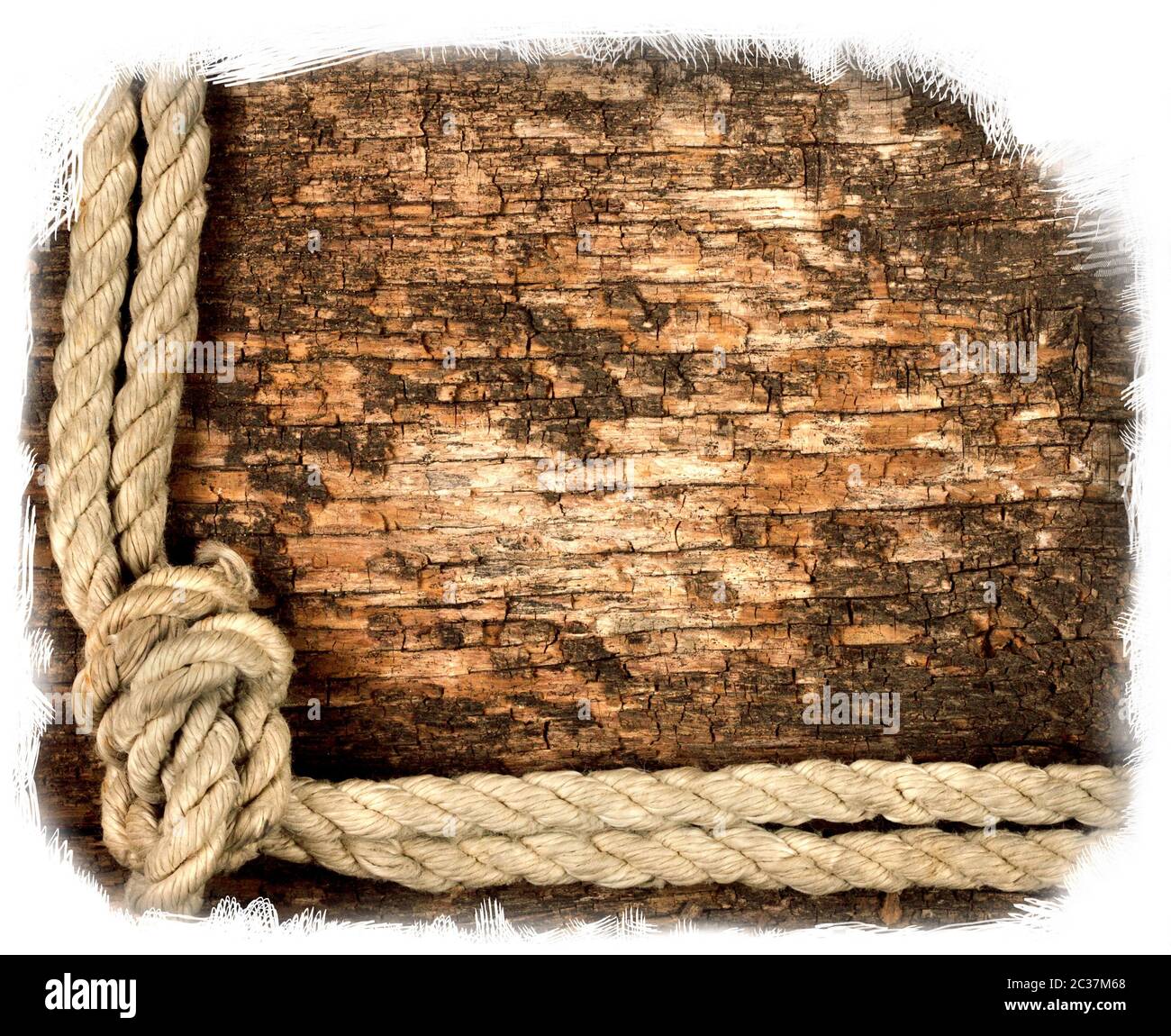 Background from old boards with a rope with a knot Stock Photo - Alamy