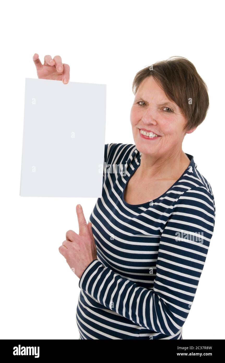 Lateral waist view of an older Caucasian woman in a striped shirt with ...