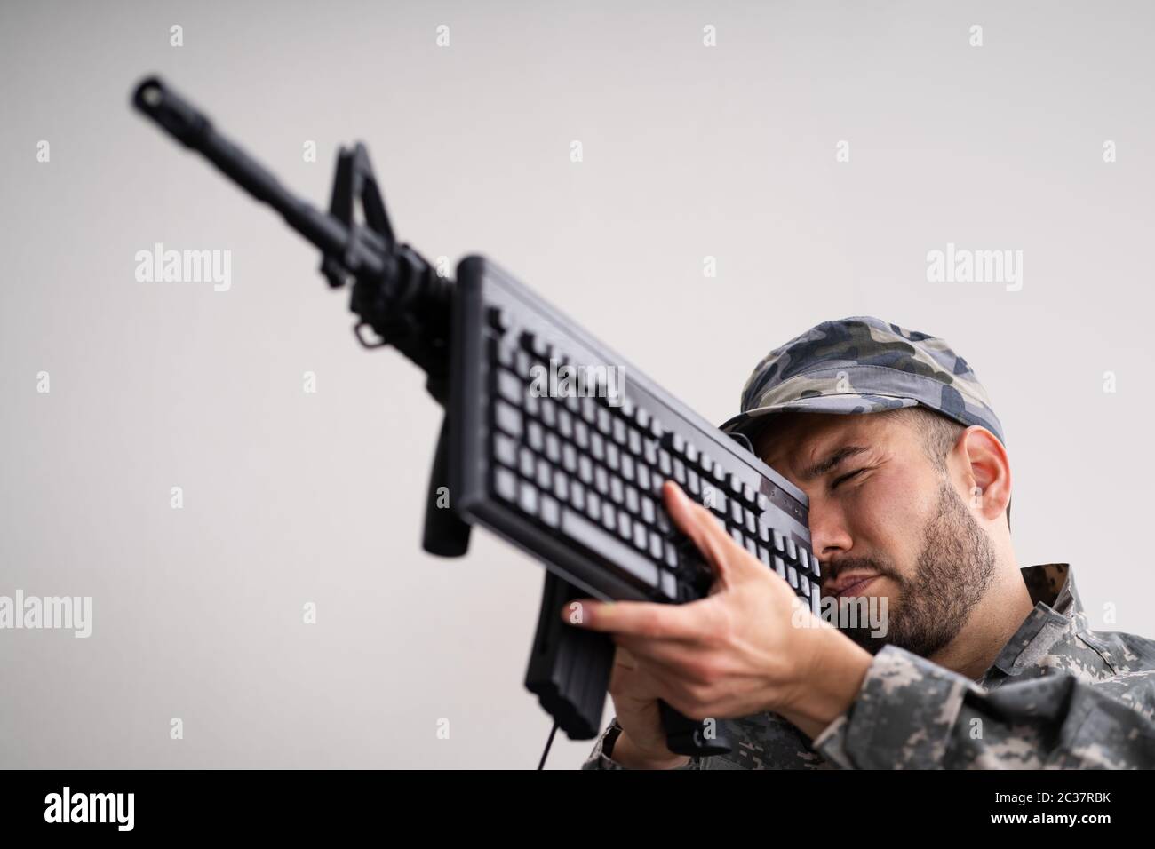 Social Cyber Warfare. Army Soldier Using Computer Keyboard Stock Photo ...