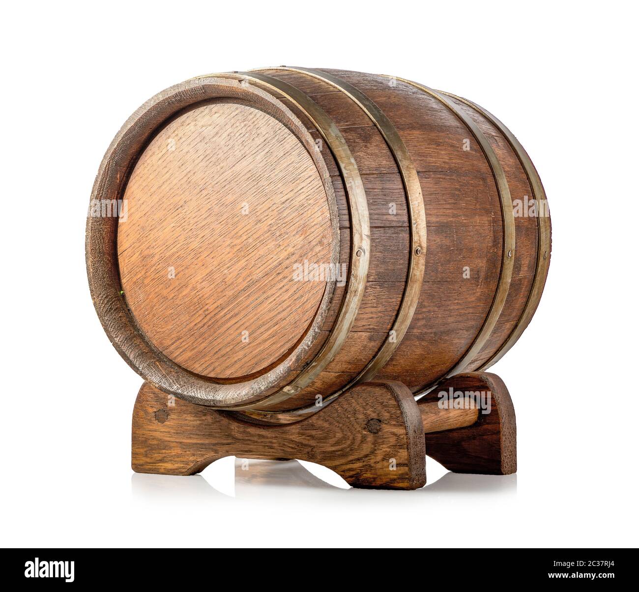Wooden barrel on stand isolated on a white background Stock Photo - Alamy
