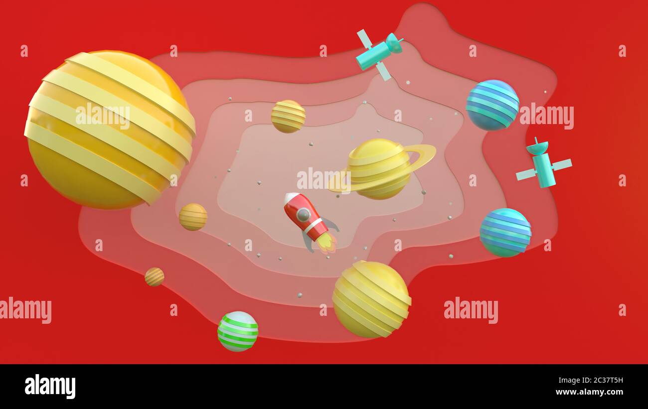 3D rendering, 3D illustrator, red spaceship, cartoon in space With ...