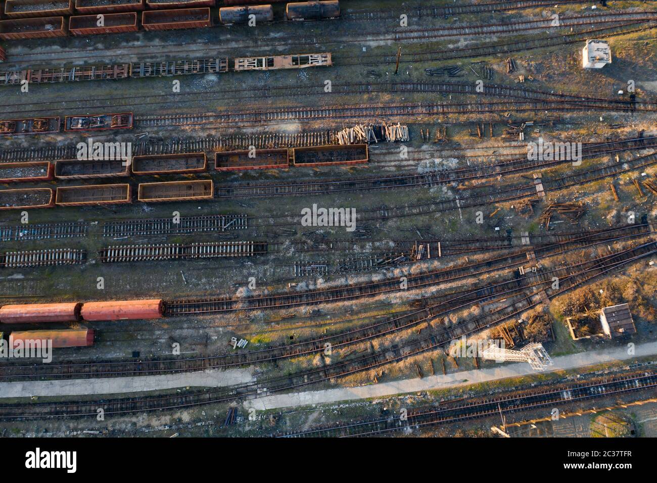 Aerial view of various railway carriage trains with goods on the ...