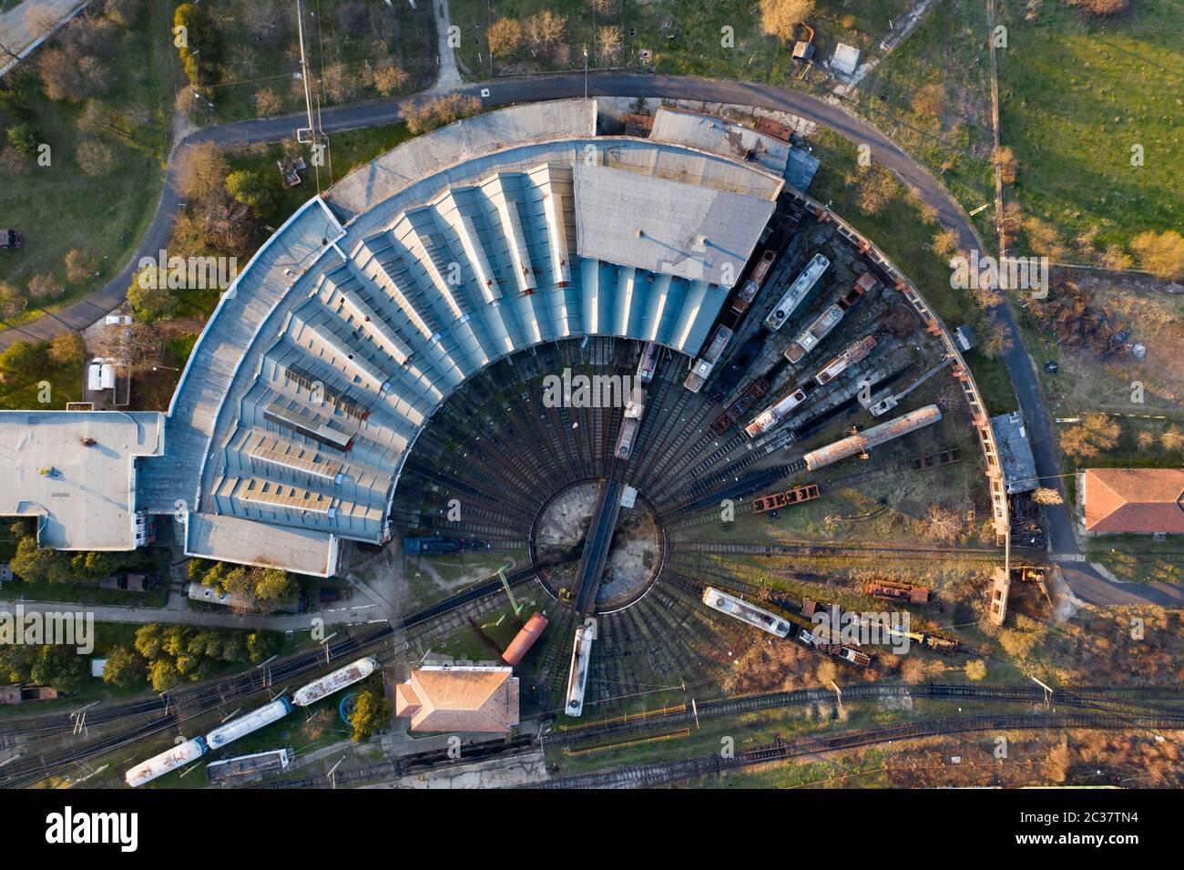 Aerial view of various railway carriage trains with goods on the ...