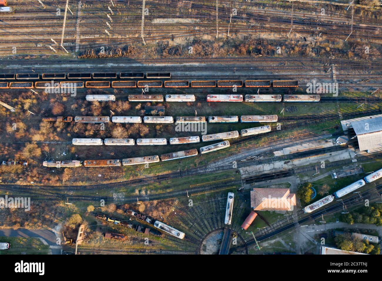 Aerial view of various railway carriage trains with goods on the ...
