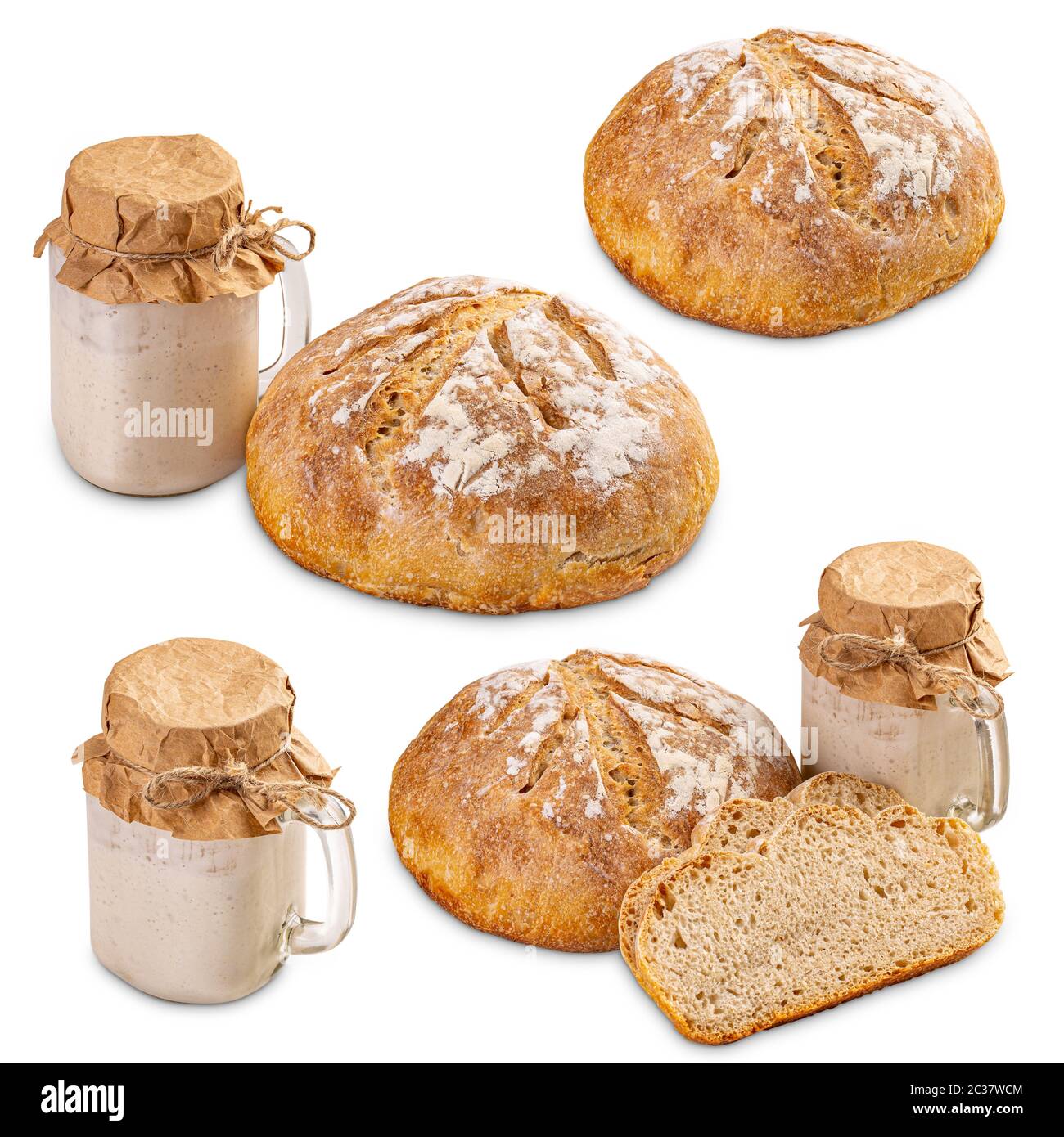 Set of freshly baked bread and active sourdough in a jar isolated on ...