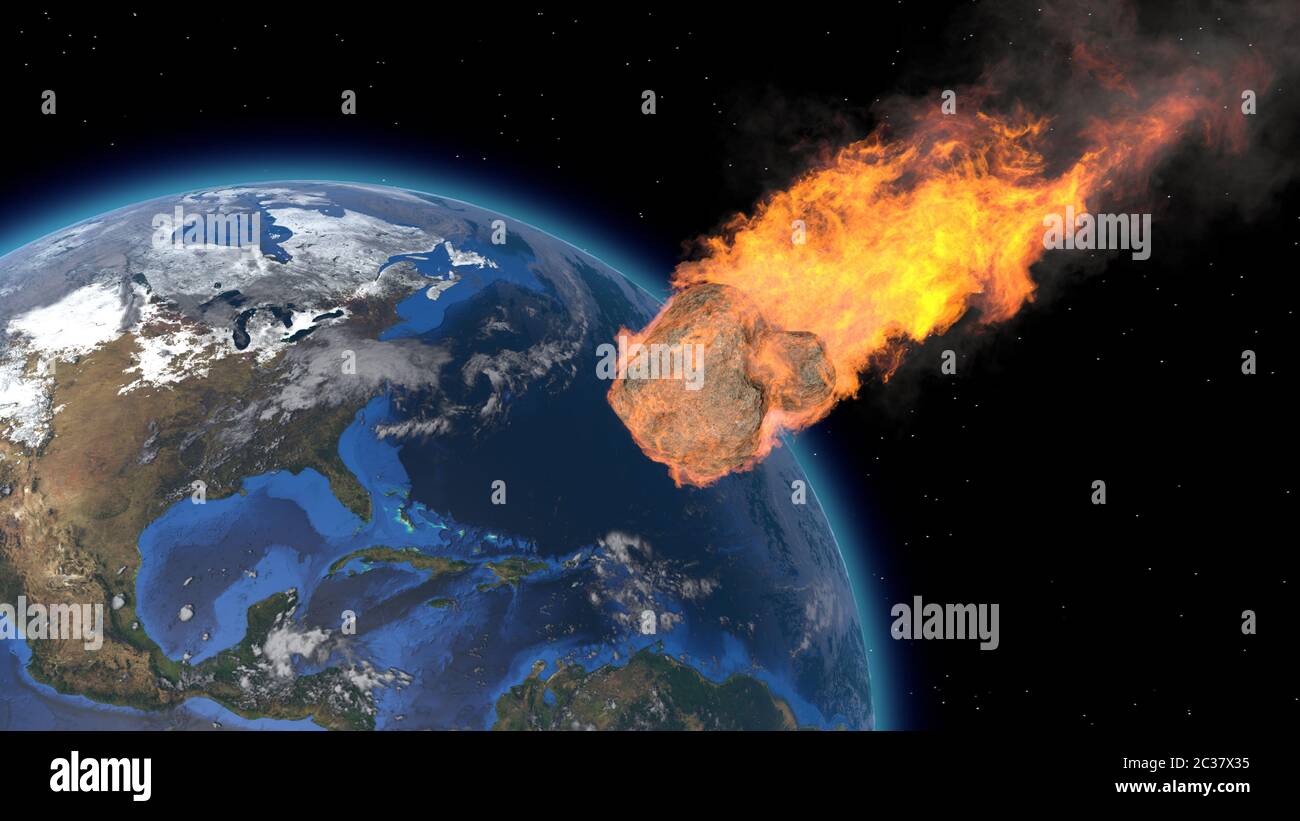 Asteroid Impact on Earth. Asteroid, comet, meteorite glows, enters the ...