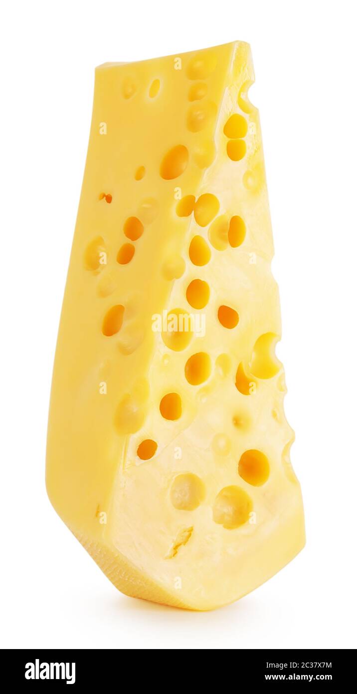 Triangular piece of cheese with holes isolated on white background ...