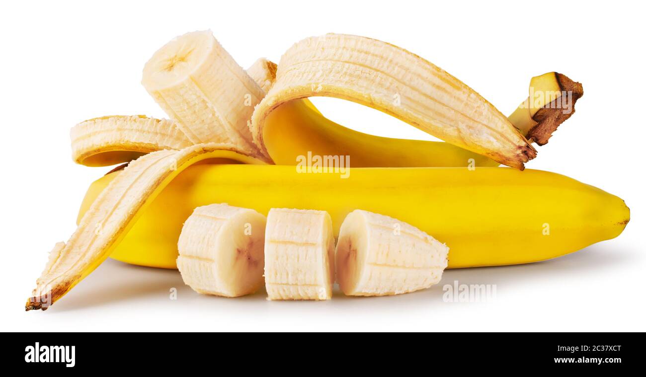 Yellow ripe bananas sliced isolated on white background Stock Photo - Alamy