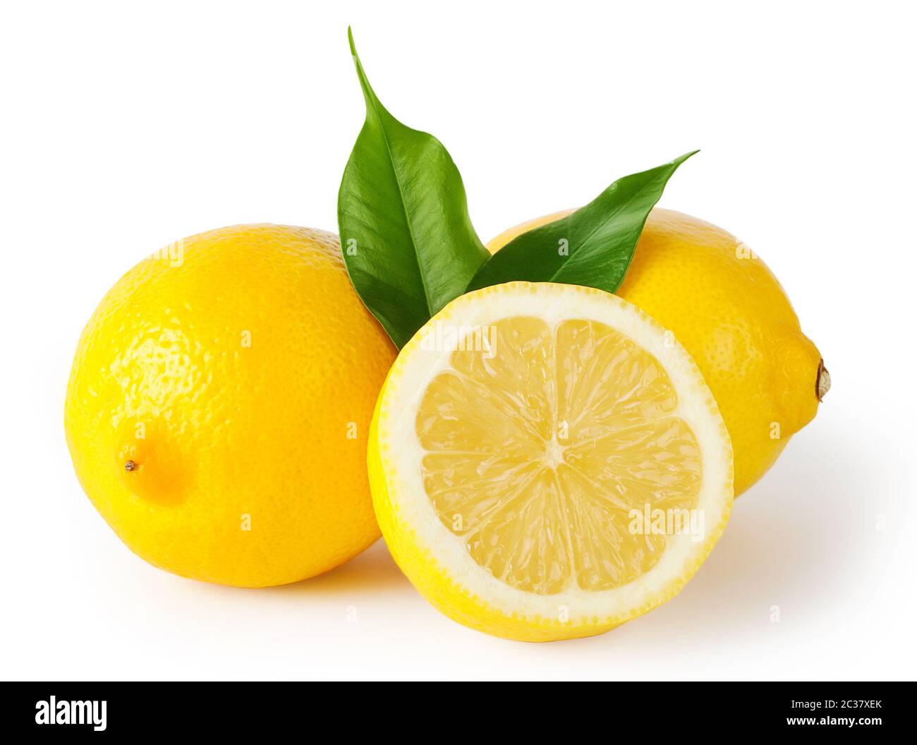 Three lemons with leaves isolated on white background Stock Photo - Alamy
