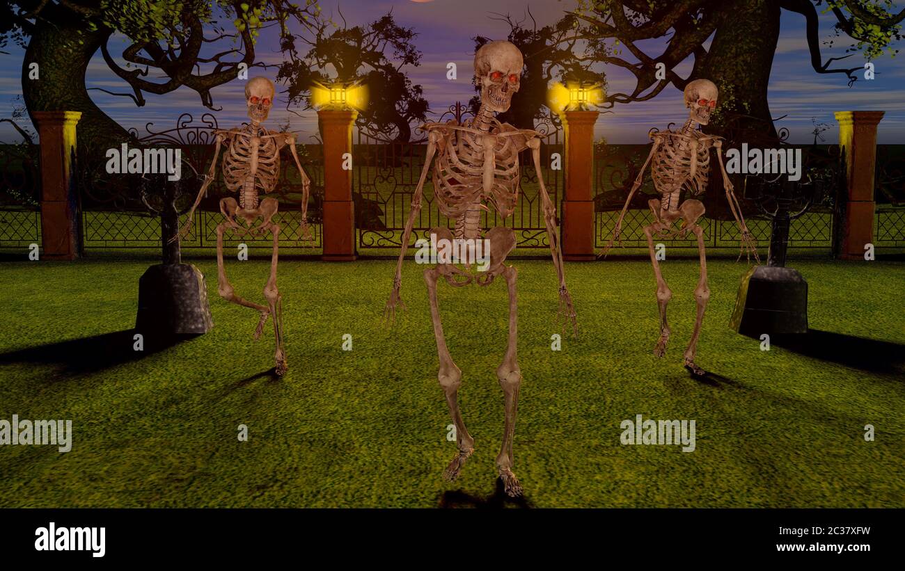 Dancing skeletons in the cemetery at night. Halloween concept 3D ...
