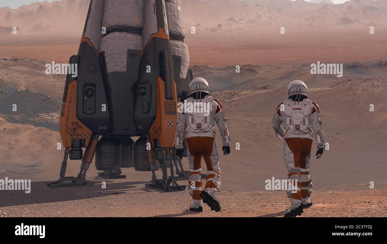 Astronaut Wearing Space Suit Walking On The Surface Of Mars. Exploring Mission To Mars ...