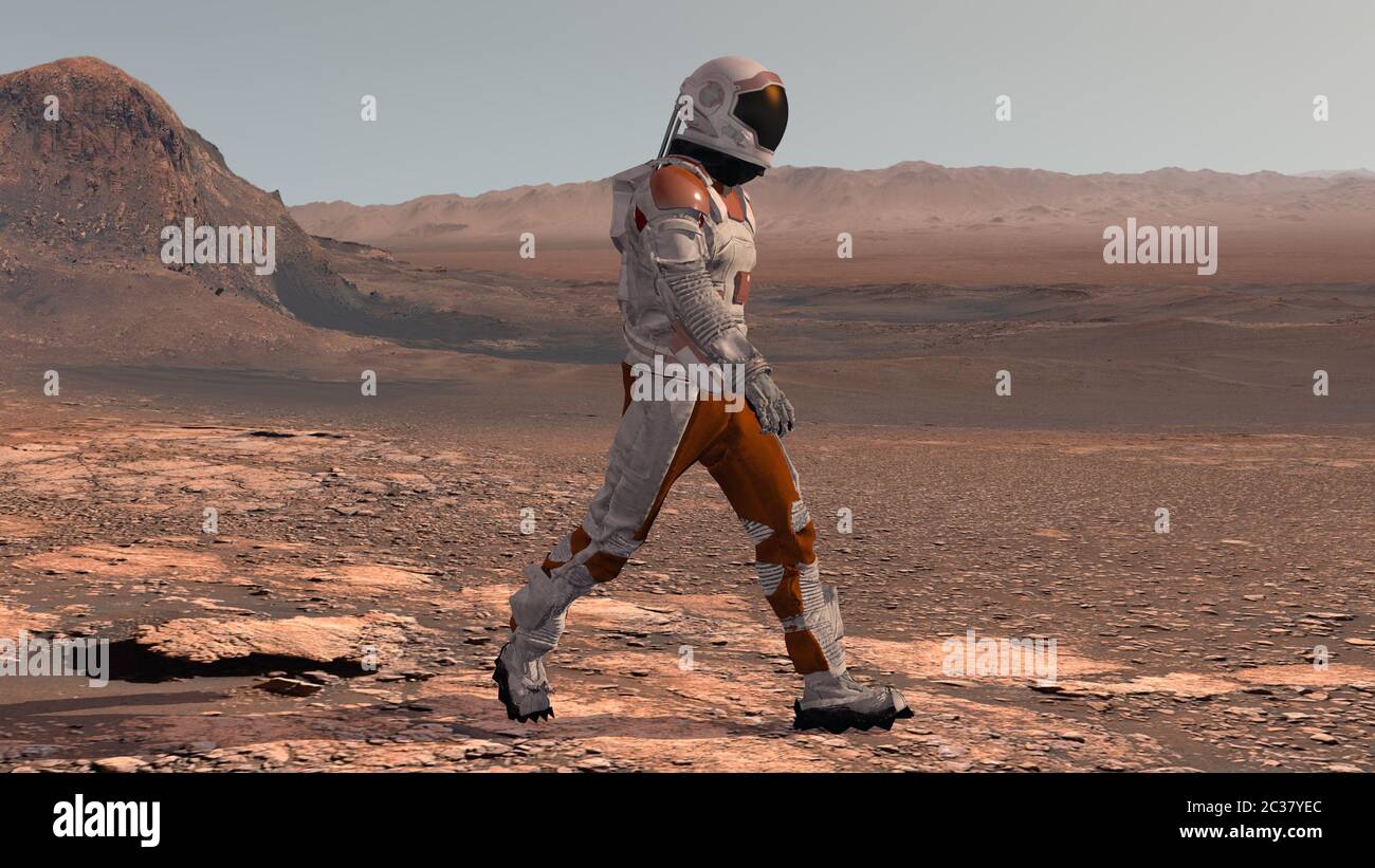 Astronaut Wearing Space Suit Walking On The Surface Of Mars. Exploring Mission To Mars ...
