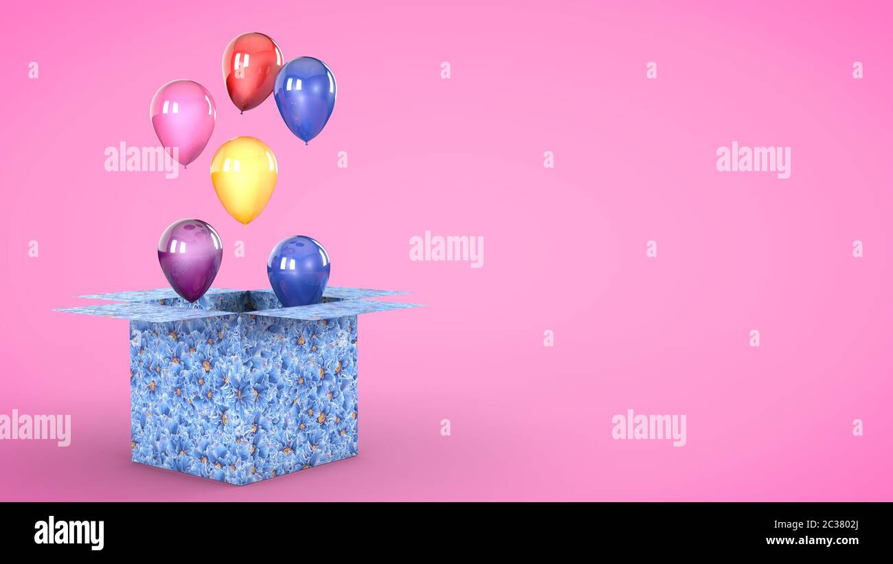 Gift box with colorful balloons inside opens, then balloons lift ...