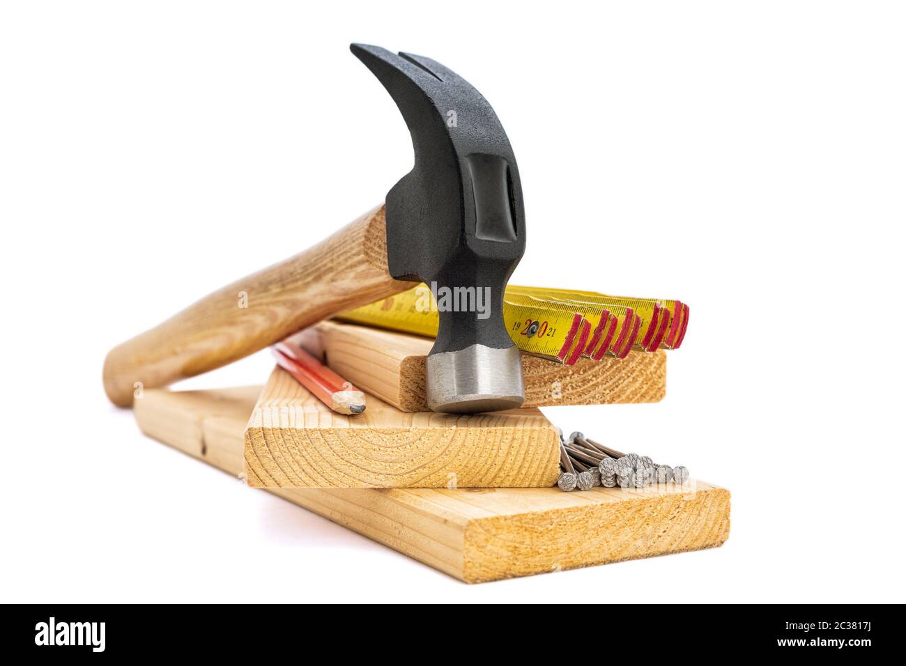 Close-up of hammer and carpenter's tools on a white background ...