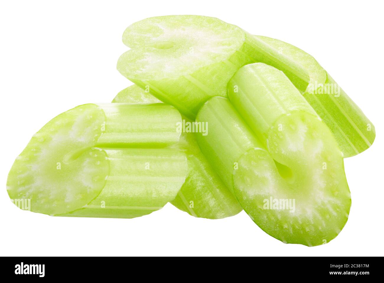 Pile of chopped celery stalks isolated. Apium graveolens petioles cut ...