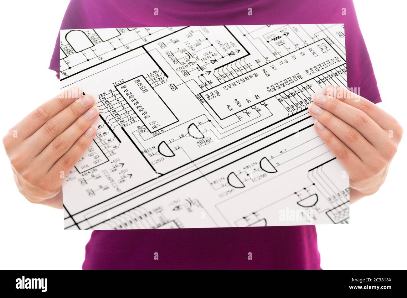 Girl holding white paper sheet with Photo of Technical Drawing Stock ...