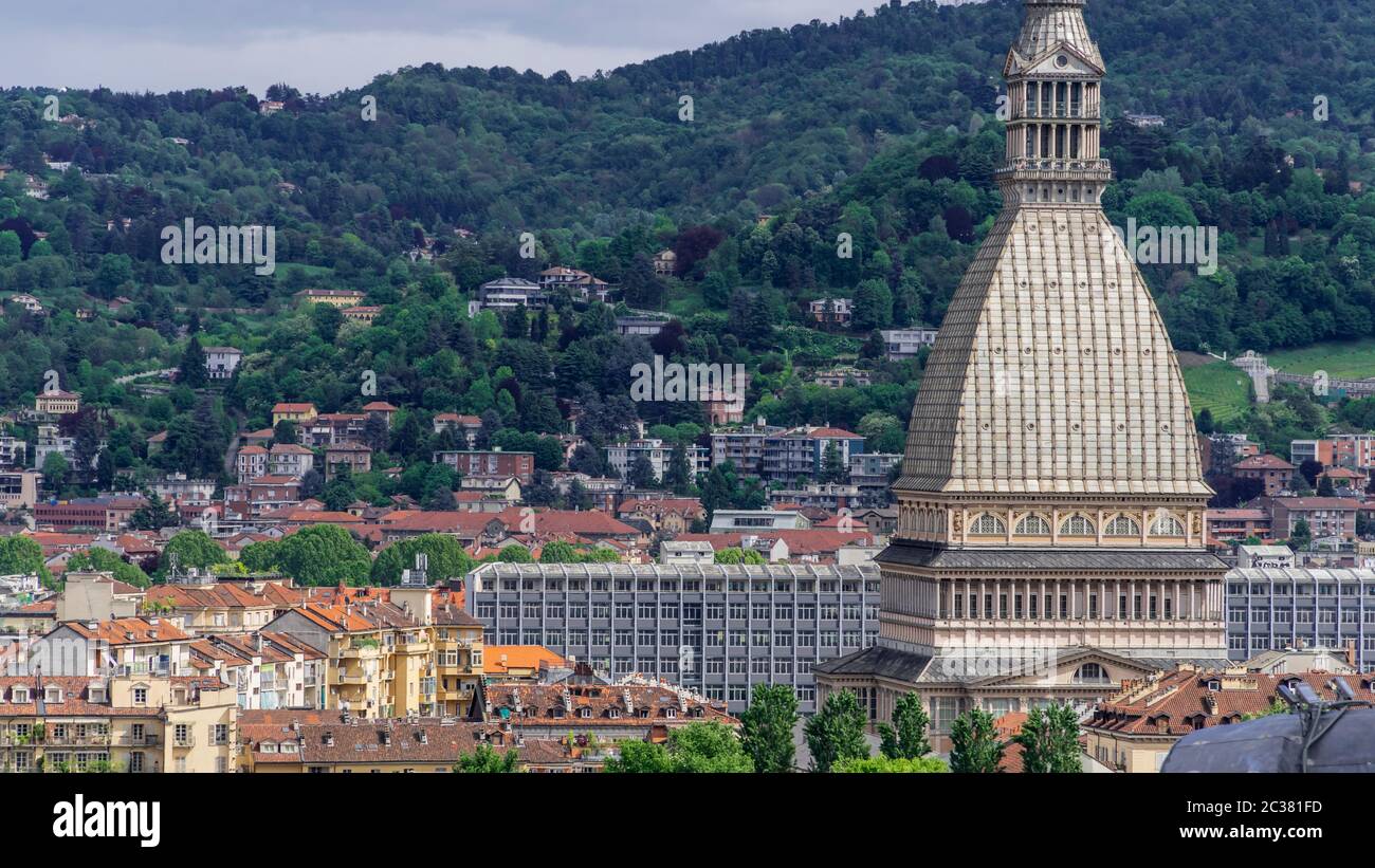 Turin Torino aerial timelapse skyline panorama with Mole Antonelliana ...