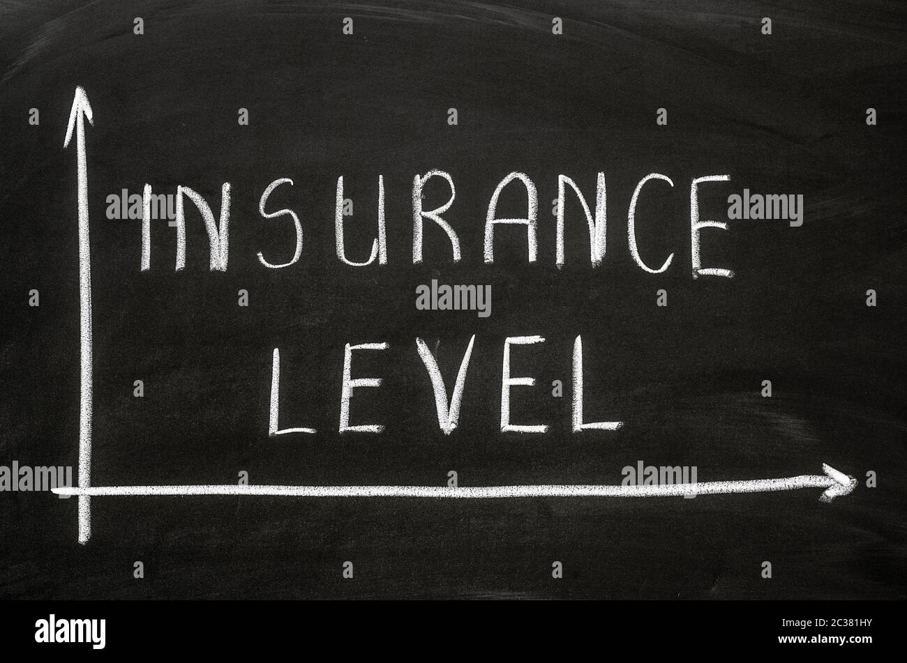 Insurance level words handwritten with white chalk on a blackboard ...