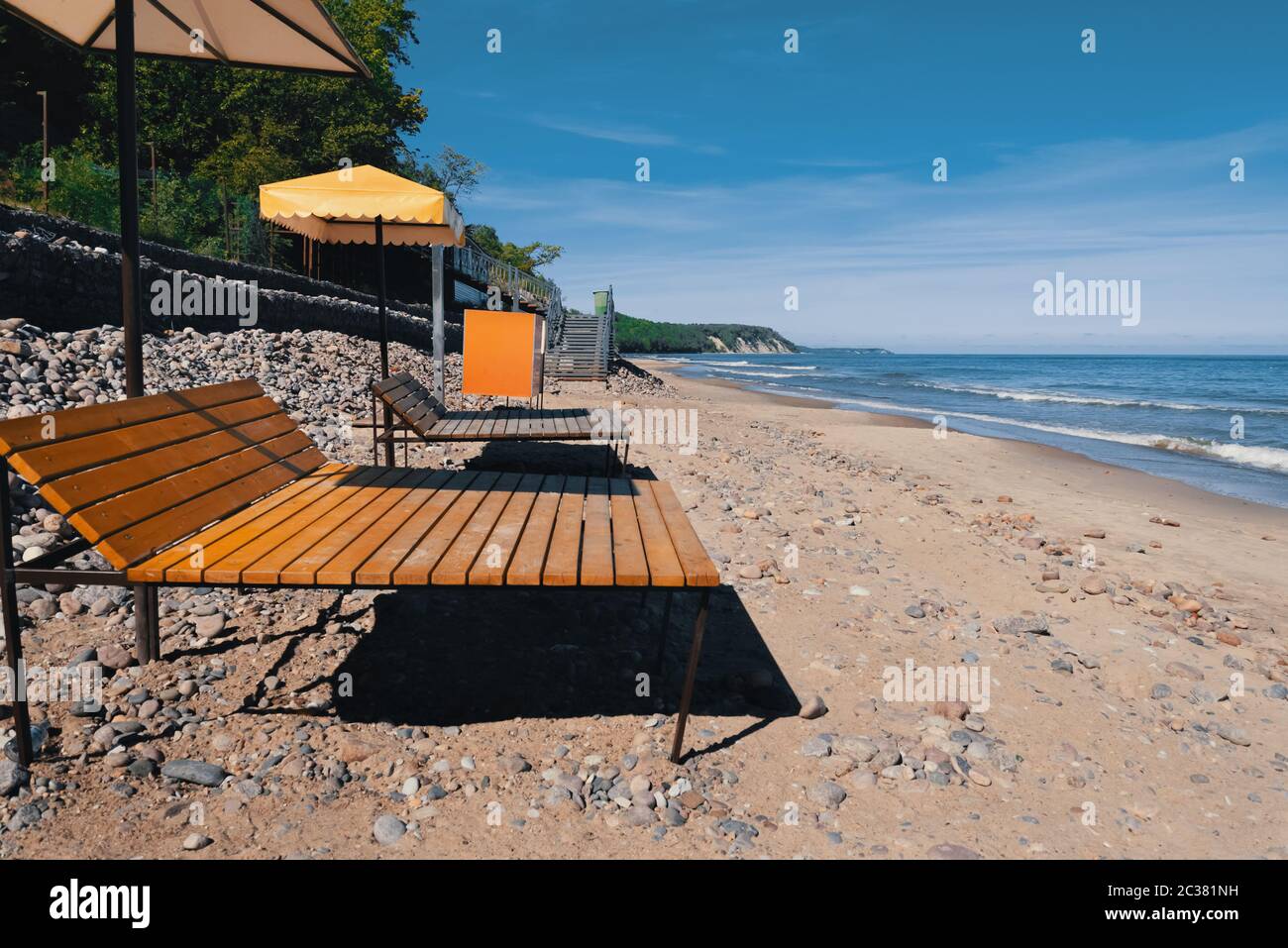 Beach sea, sand, sun beds on the Baltic sea, the city of Svetlogorsk ...