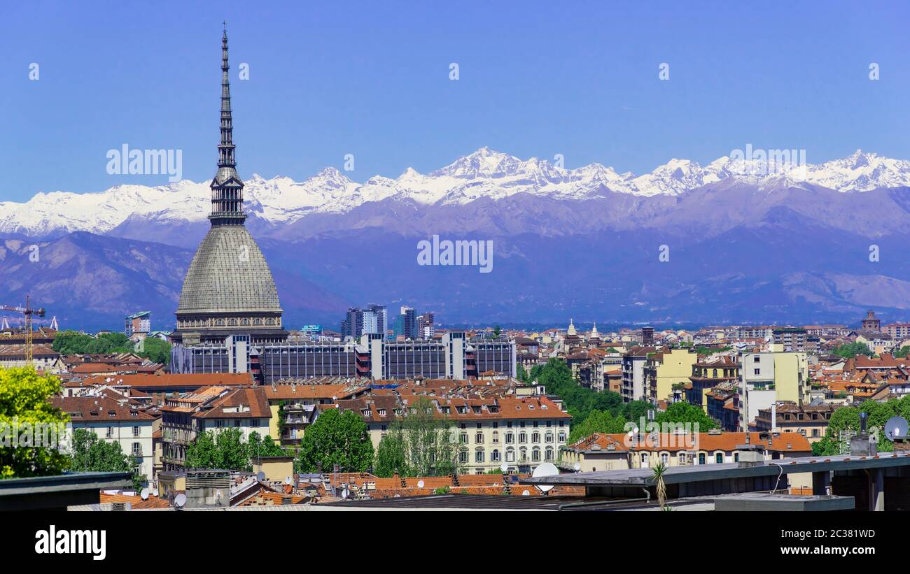 Turin Torino aerial timelapse skyline panorama with Mole Antonelliana ...