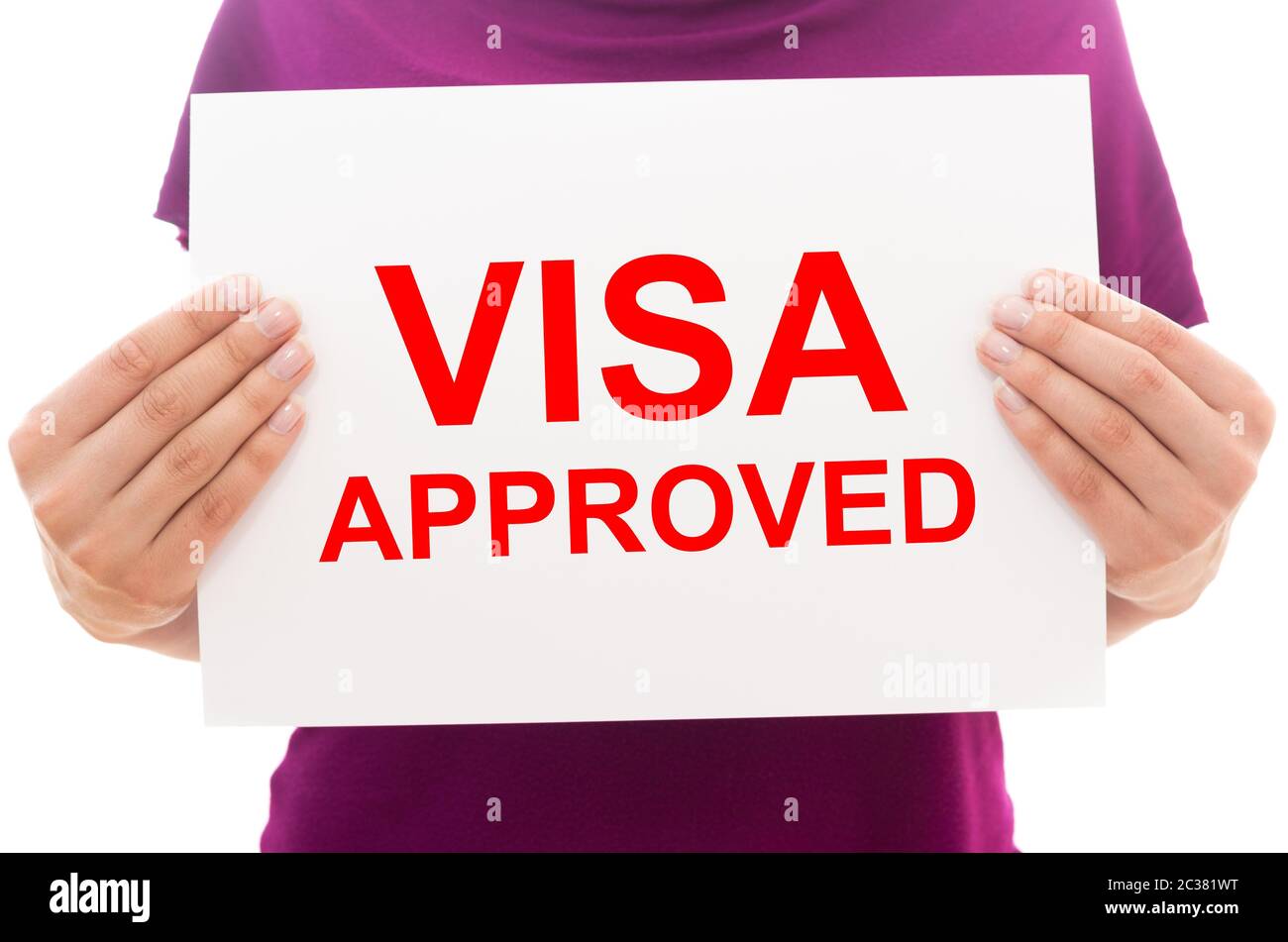 Girl holding white paper sheet with text Visa approved Stock Photo - Alamy