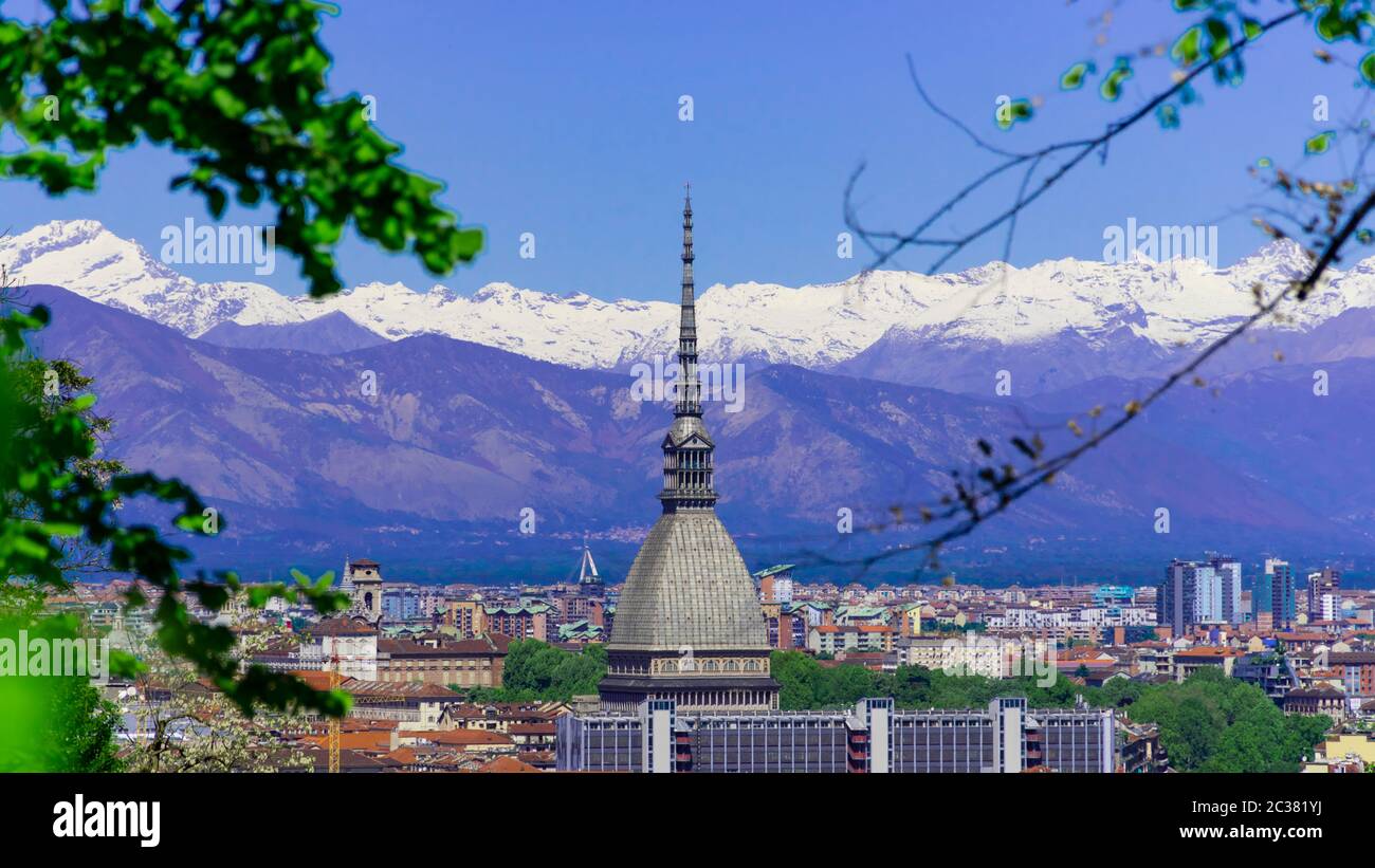 Turin Torino aerial timelapse skyline panorama with Mole Antonelliana ...