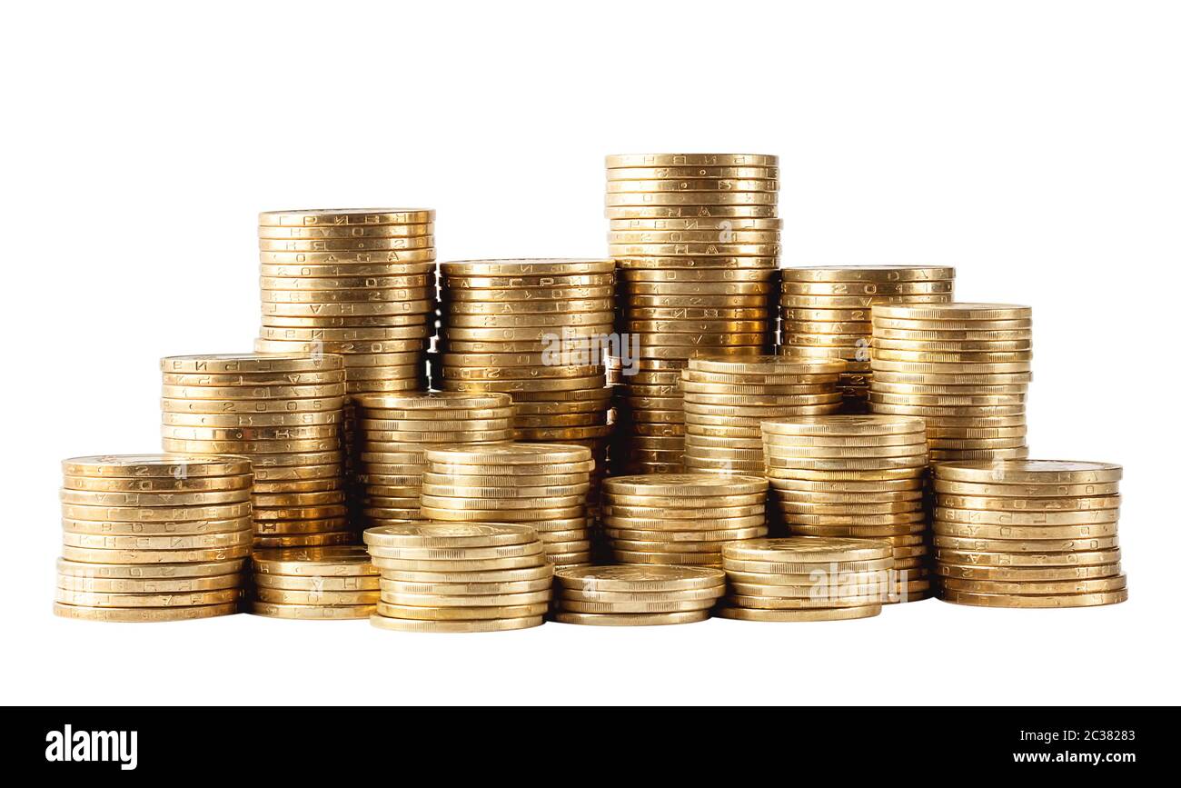 Column of golden coins isolated on white background Stock Photo - Alamy