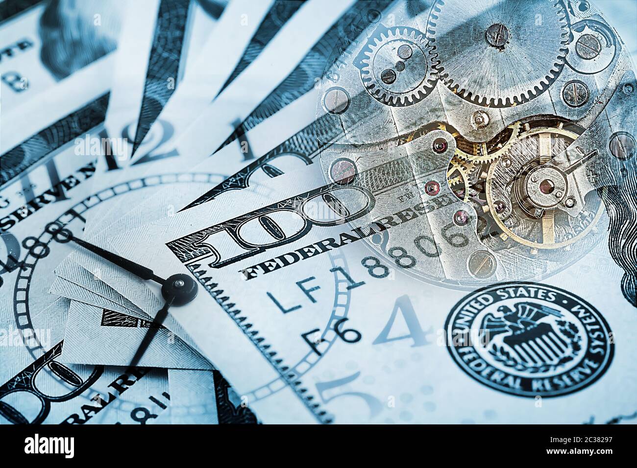 Conceptual background time costs money toned in blue Stock Photo - Alamy