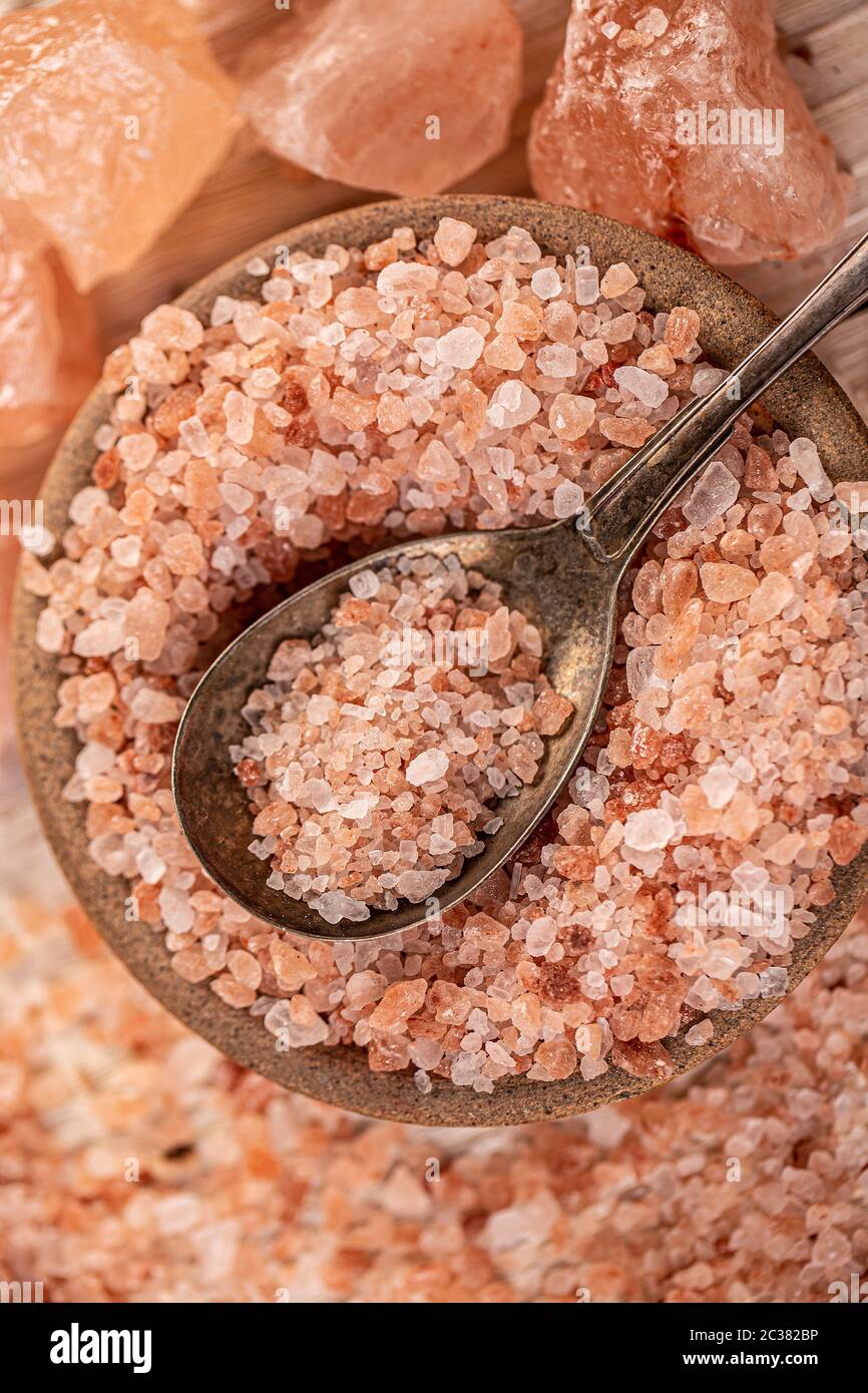 Pink Himalayan salt composition, flat lay shot Stock Photo - Alamy