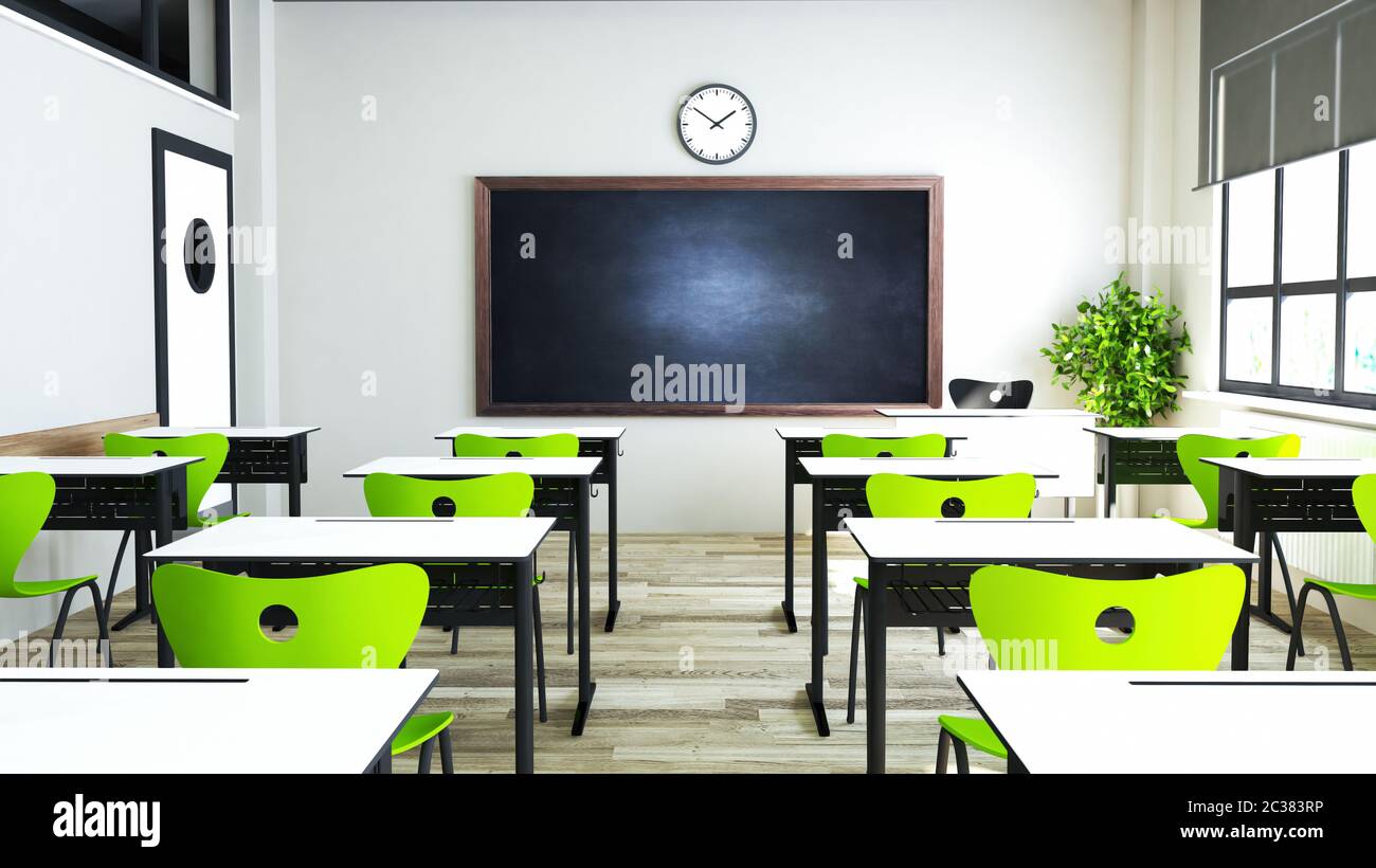 Classroom design with modern green seat and desk, blackboard, watch and ...