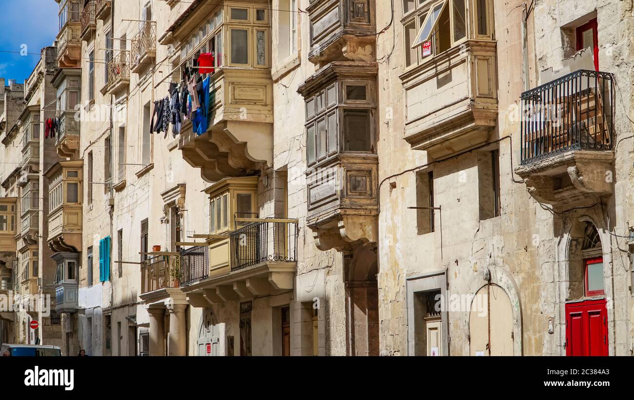 Ccolourful balconies in the ancient city of Valletta, Malta. Valletta ...