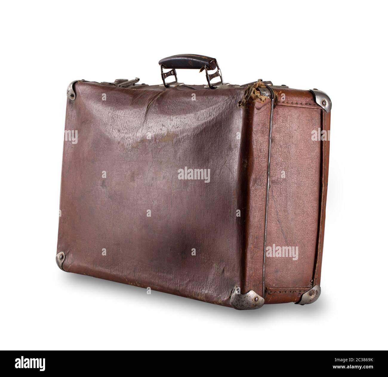 Standing at an angle battered suitcase isolated on white background ...
