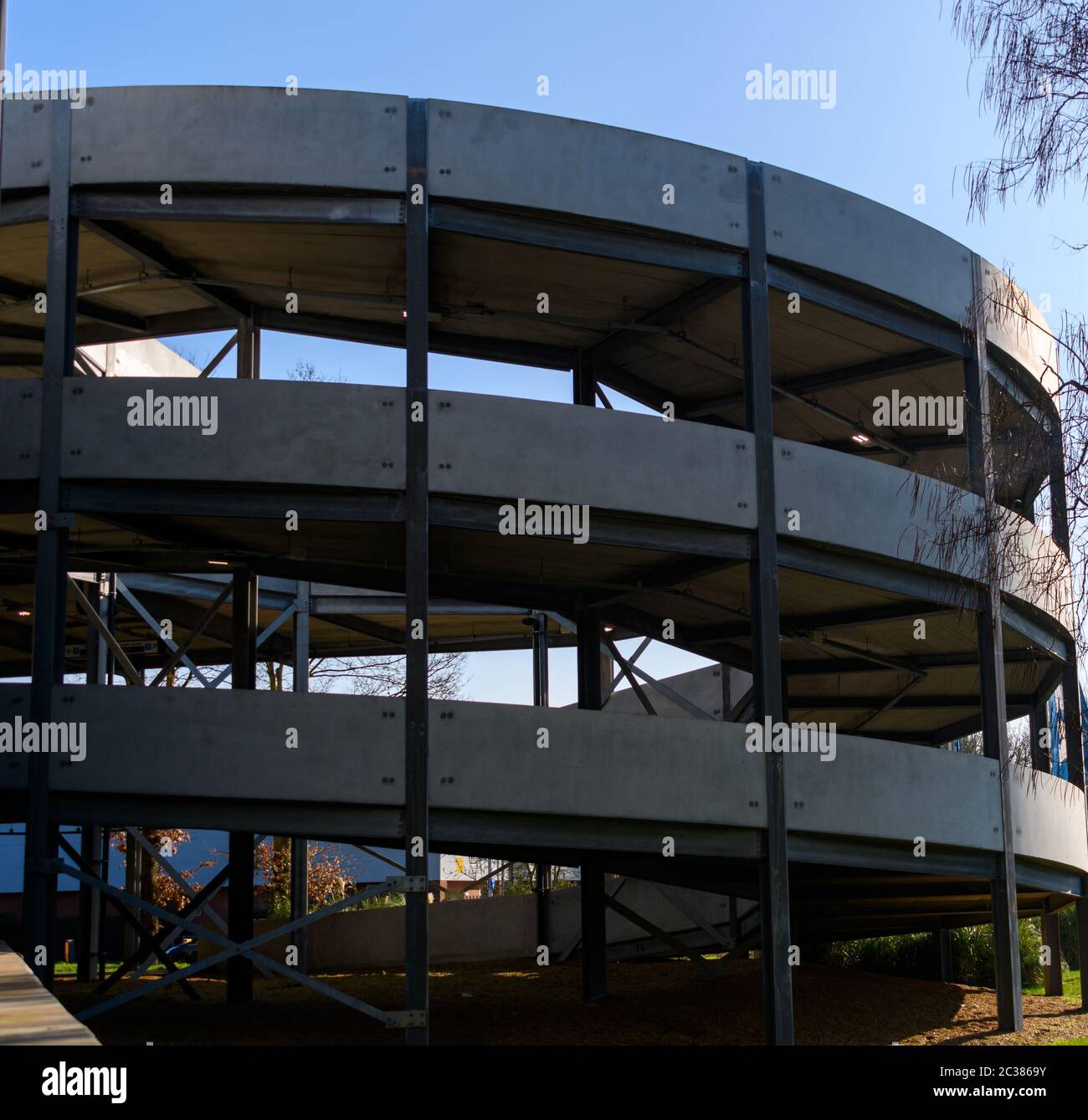 The spiral ramp leading to different floors of a multi storey car park ...
