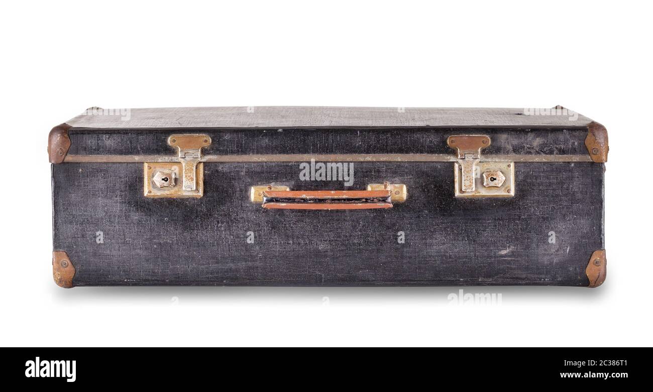 Black suitcase lying isolated on white background Stock Photo - Alamy