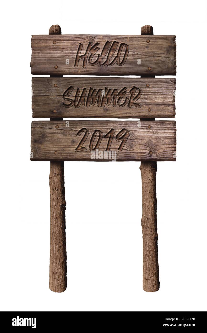 Summer Wooden Board Sign with Text, Hello Summer 2019 Isolated On White ...