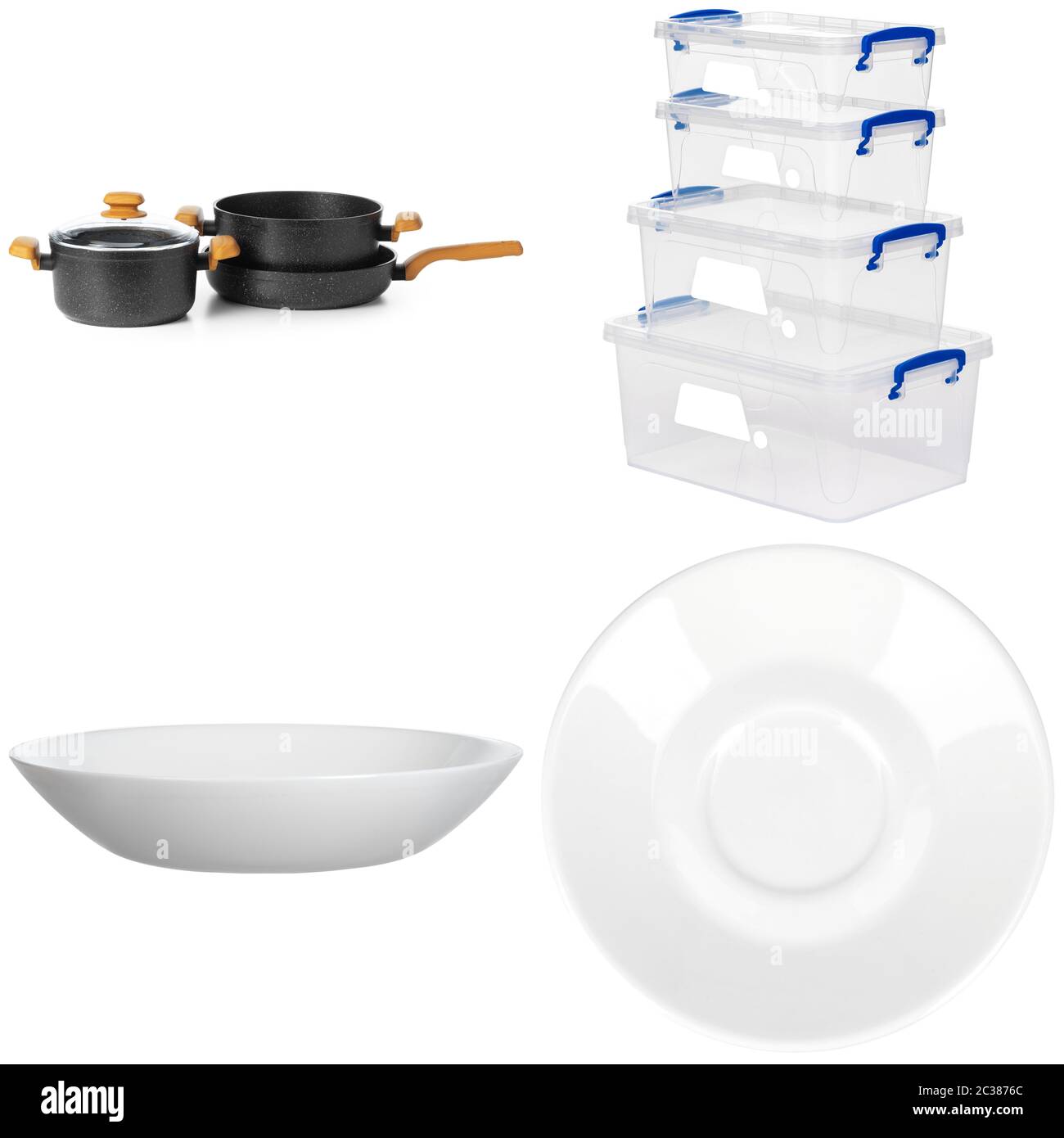 Collage of crockery items on white background Stock Photo - Alamy
