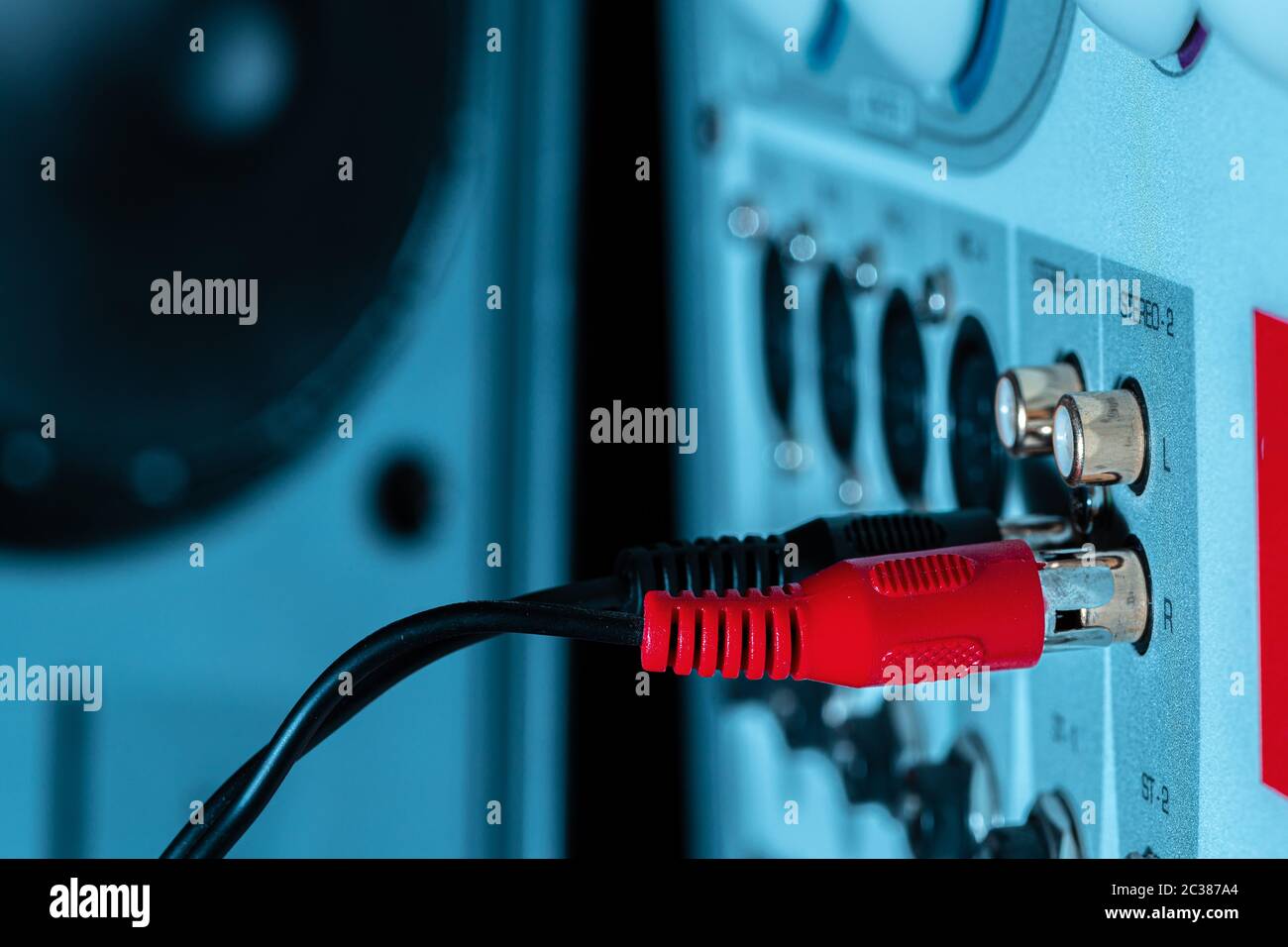 Rear panel of music system amplifier with wires Stock Photo - Alamy