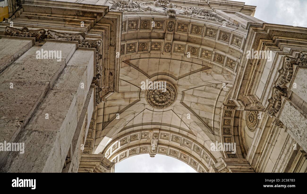 Looking up at Arc Augusta, Arc de Triomphe, Lisbon, Portugal. Lisbon is ...