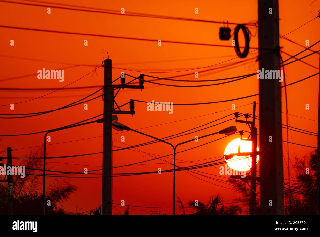 Electric pole and transmission lines in the evening. Electricity pylons ...