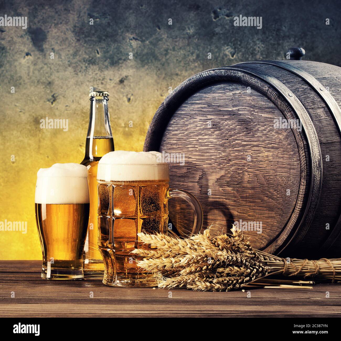 Still life with glasses of beer and barrel tinted in yellow blue Stock ...