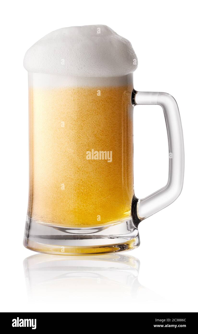Foam fresh beer in mug isolated on white background Stock Photo - Alamy