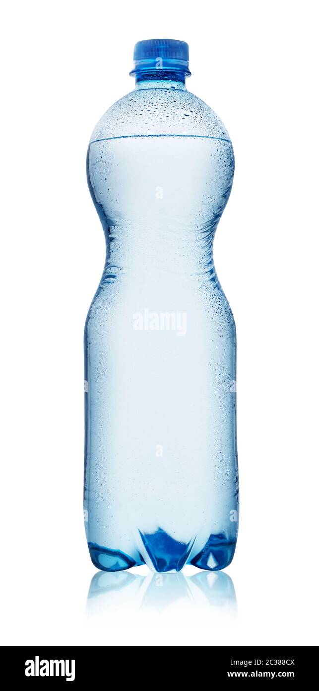 Blue plastic bottle with water drops isolated on white background Stock ...