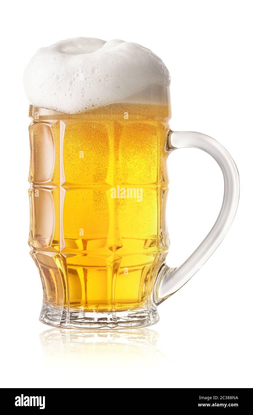 Light beer glass with thick white foam isolated on white background ...