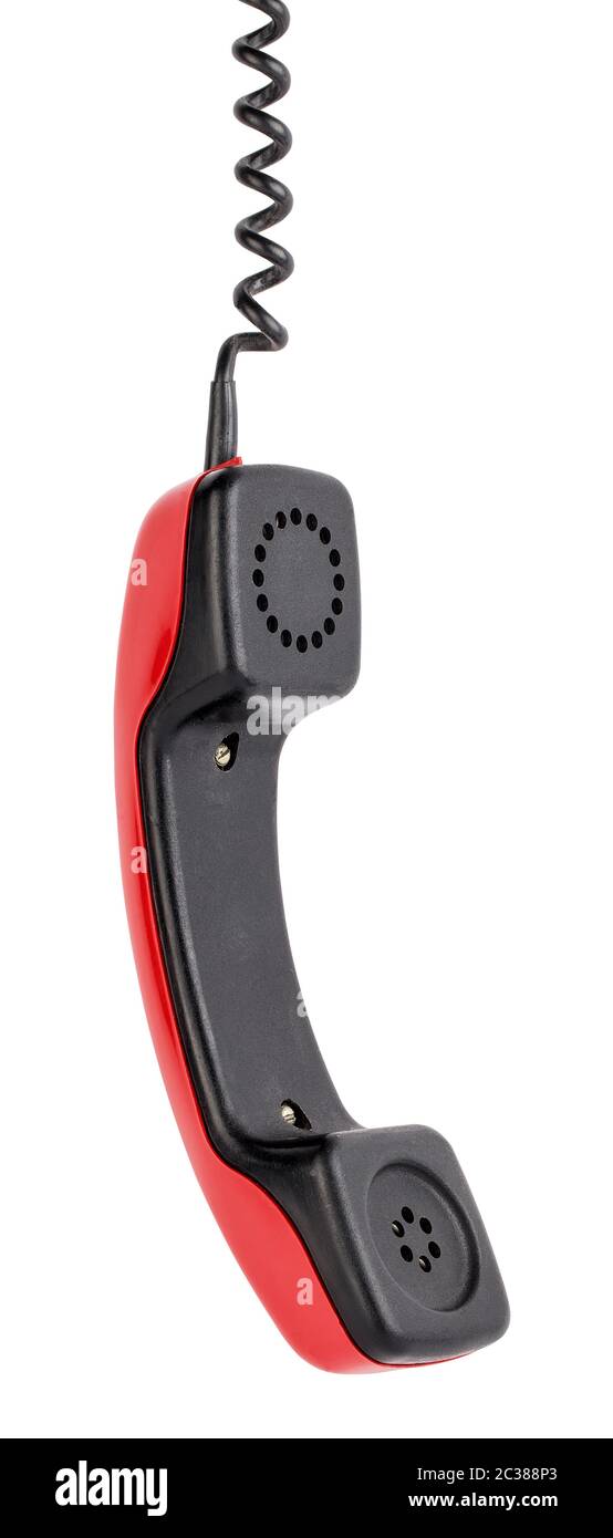 Red handset is hanging on wire isolated on white background Stock Photo ...