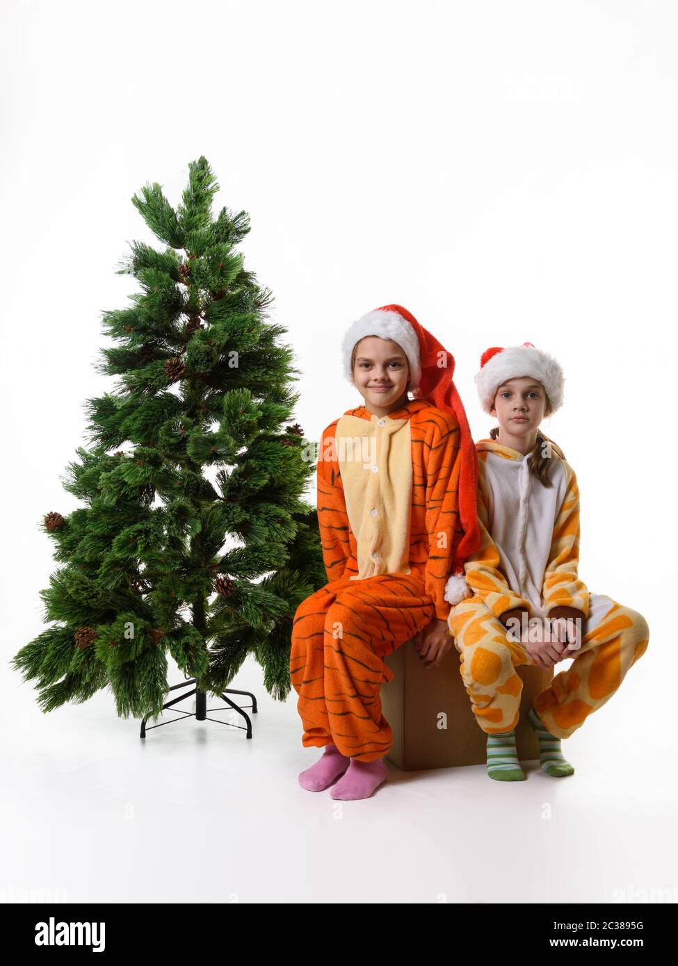 Two girls sitting on a box with toys near an artificial Christmas tree ...